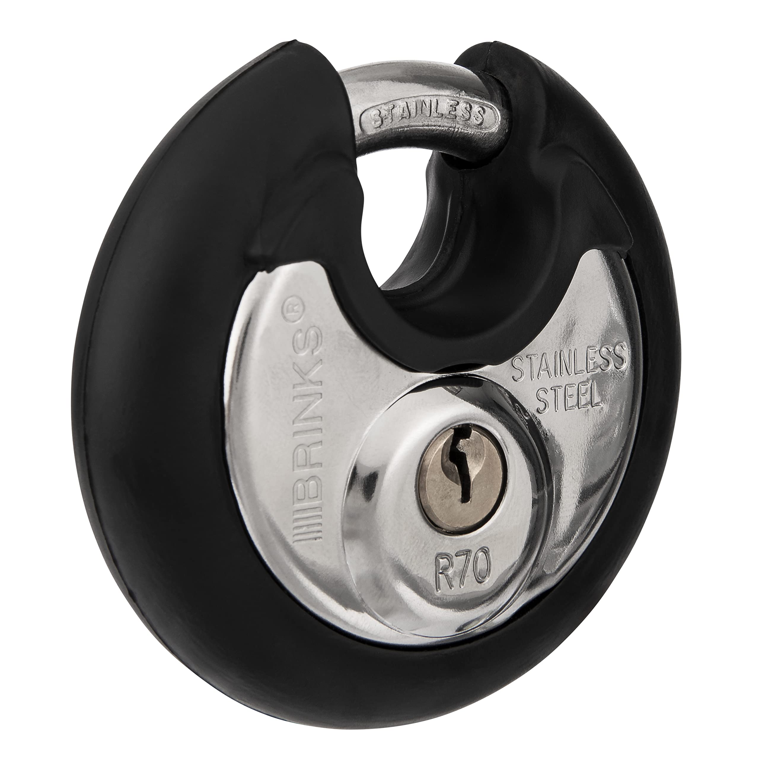 BRINKS Heavy Duty Padlock & Key 2 Pack- 70mm Stainless Steel Keyed Alike Commercial Discus Keyed Lock for Storage Shed, Garage, Locker, Sliding Doors, Cabinets & More Round with Steel Shackle, Black