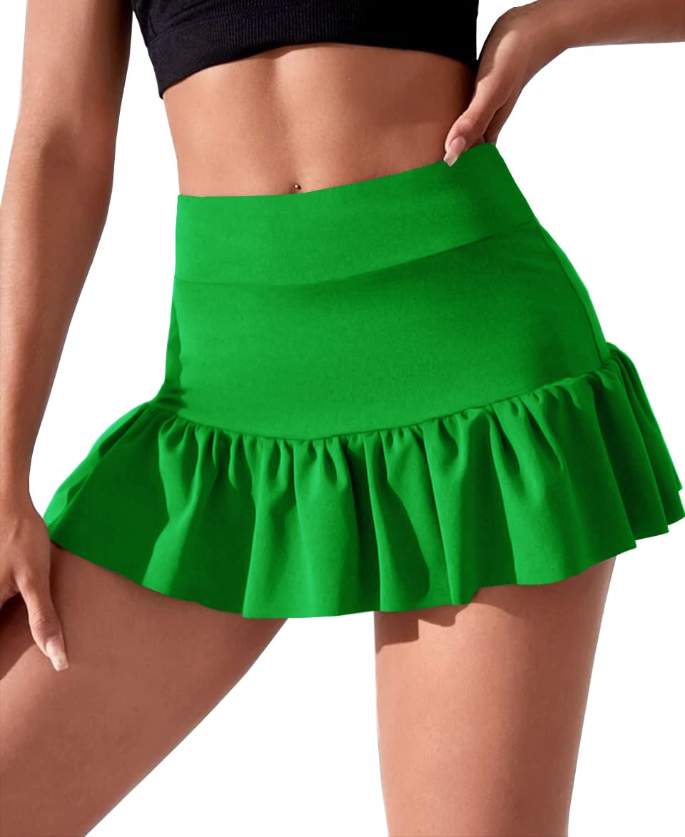 Afibi Women Stretchy Flared Ruffle Layered Mini Tennis Skater Skirts with Short (Small, Green)