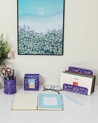 EasyPAG Cute Office Supplies 3 Piece Desk Organizer and Accessories Set - Letter Sorter, Pen Holder,Sticky Notes Holder,Purple