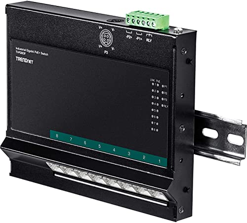 TRENDnet 8-Port Industrial Gigabit Poe+ Wall-Mounted Front Access Switch, TI-PG80F, 8X Gigabit Poe+ Ports, DIN-Rail Mount, 48 –57V DC Power Input, IP30, 200W Poe Budget, Lifetime Protection