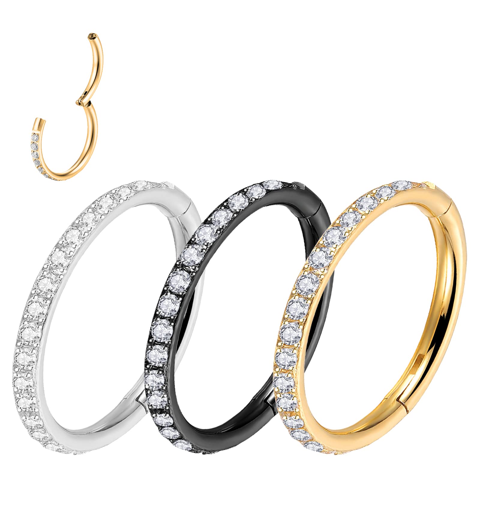 AJEVIE CZ Silver Nose Rings Hoops - 316L Stainless Steel Cartilage Earrings Piercing Jewelry Hinged Segment Rings Lip Rings Piercing Kit