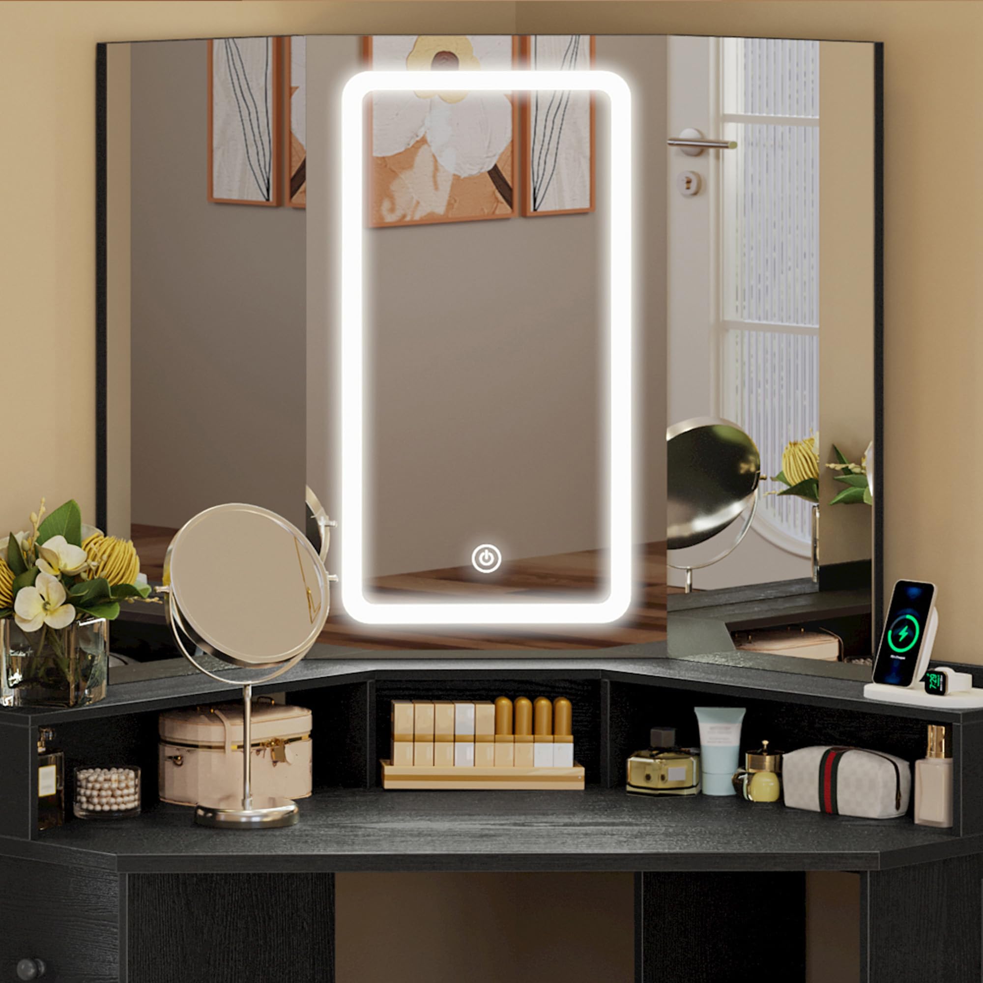IRONCK Corner Vanity Desk Set with 3-Folding Lighted Mirrors, Makeup Vanity Table with Charging Station, 7 Storage Shelves and Storage Bench for Bedroom, Black