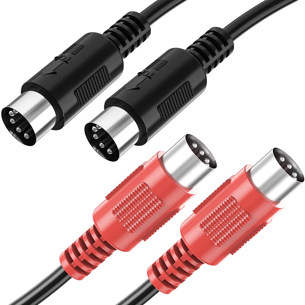 Dual MIDI Cable, Ancable DIN to Male to Male for Carrying a Serial Digital Signal, 3.3 Feet with Molded Connector Shells(Black & Red)
