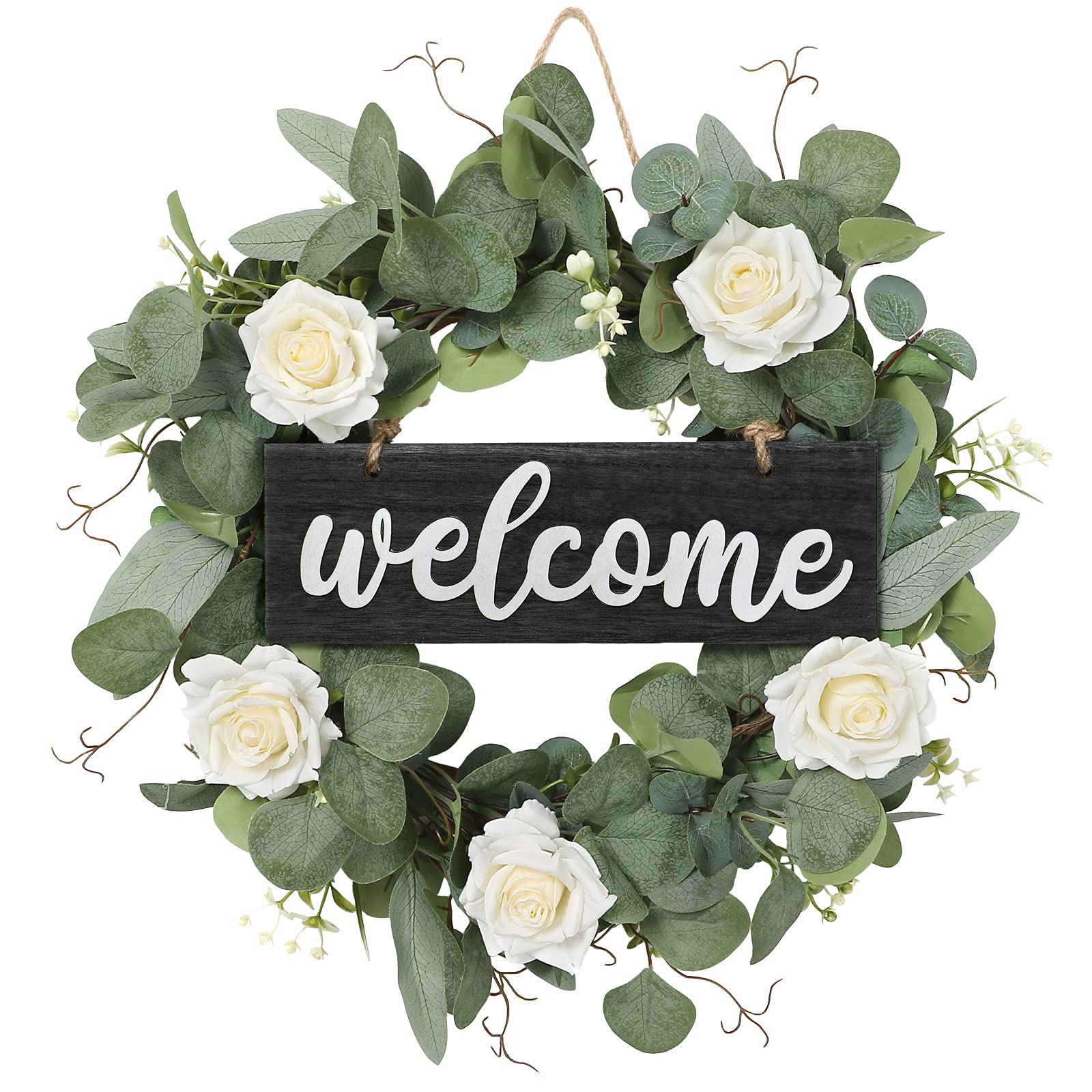 Dremisland Welcome Wreath for Front Door,18 Inch Artificial Rose Eucalyptus Leaves Wreath,Floral Garland Wreath for Window Garden Festival Celebration Wedding Home Decor (Black)