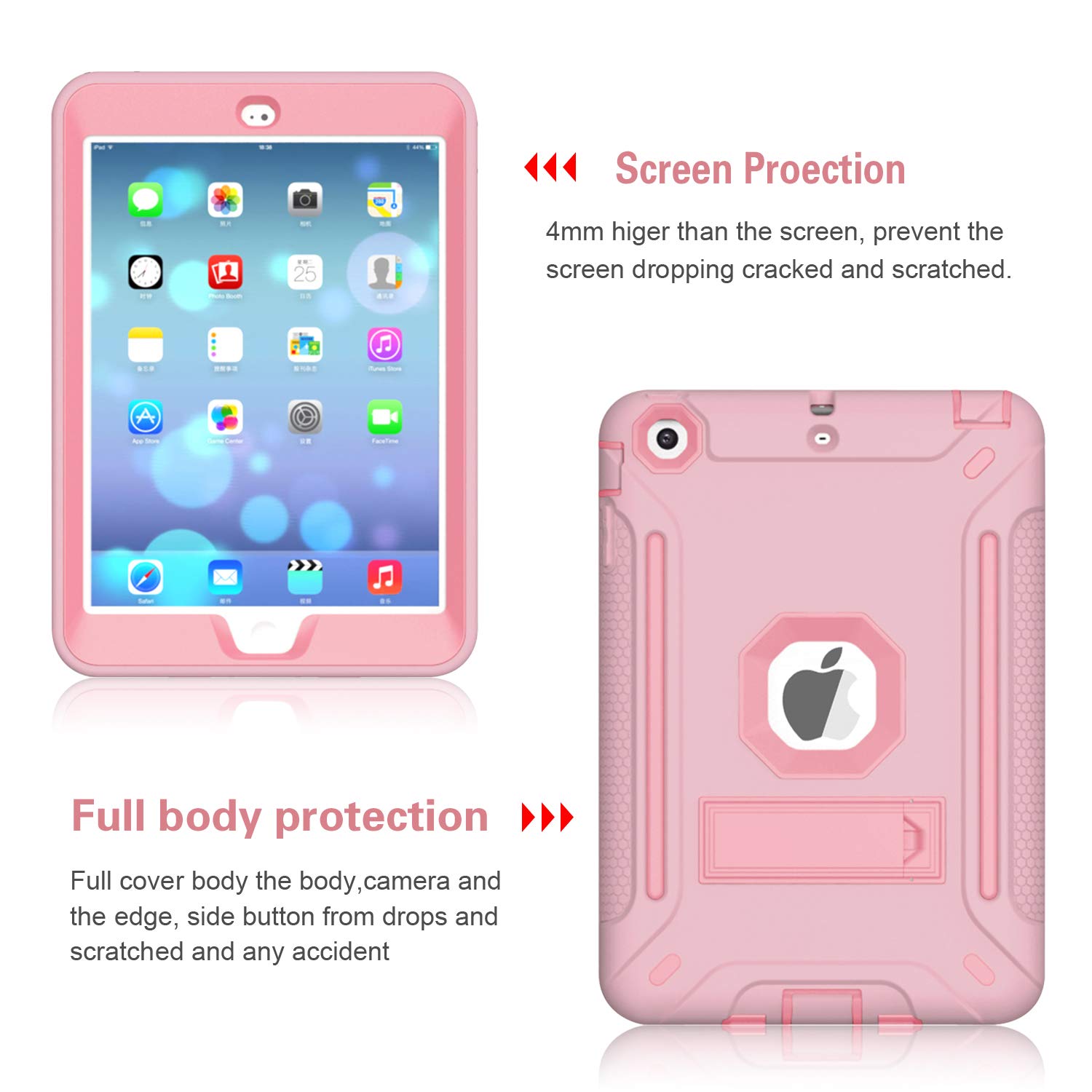 MAKEIT CASE iPad Mini Case, iPad Mini 3 Case Heavy Duty Hybrid Shockproof Protective Silicone and PC Hard Case Full-Body Rugged Protective Case with Kickstand for iPad Mini 1/2/3