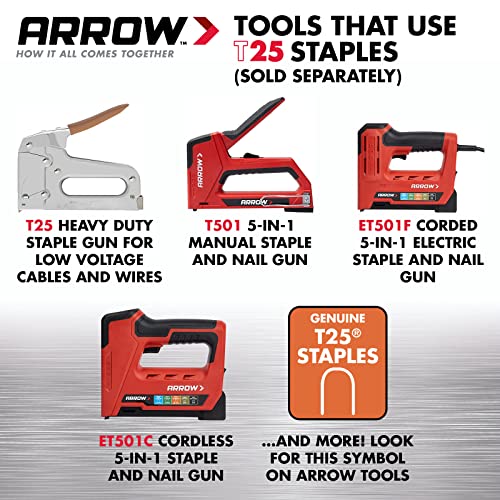 Arrow 259 T25 Heavy Duty Steel Staples for Installing Low Voltage Wires and Cables, Use with Holiday Lights, Doorbells, Alarm Systems, 1100-Pack, 9/16-Inch Leg Length, 5/16-Inch Crown Width