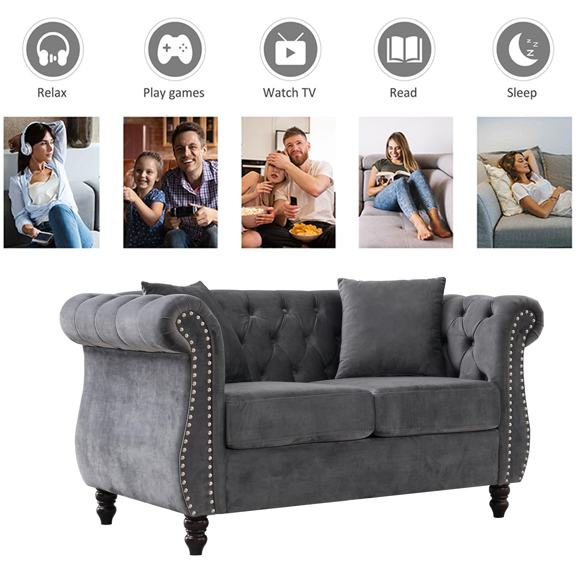 ATUMON 59" Chesterfield Loveseat Velvet Sofa for Living Room,2-Seater Sofa Tufted Couch with Two Pillows,Rolled Arms and Nailhead for Living Room, Bedroom, Office Grey