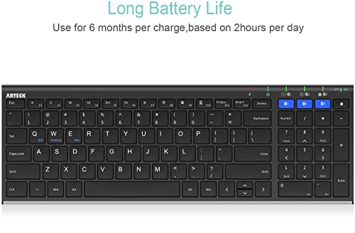 Arteck HB193 Universal Bluetooth Keyboard Multi-Device Stainless Steel Full Size Wireless Keyboard for Windows, iOS, Android, Computer Desktop Laptop Surface Tablet Smartphone Rechargeable Battery