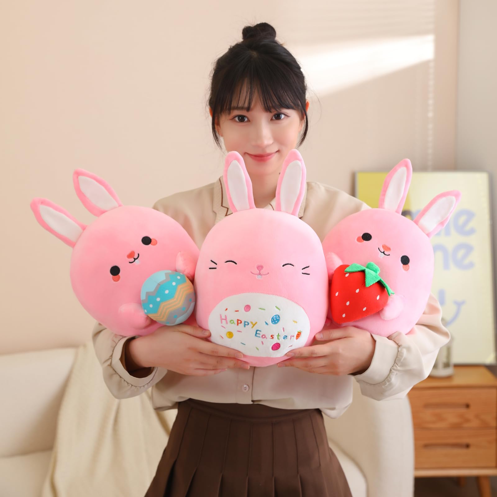 TOYSYM Pink Bunny Plush Cute Easter Bunny Stuffed Animal Toy Soft Rabbit Strawberry Plushies Easter Plushie Pillow Doll Gifts for Kids Decor 13.7 inch