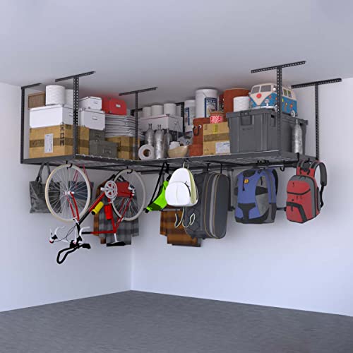 MonsterRax Overhead Garage Storage Rack- 4 x 8 Ceiling Rack for Garage Shelving, Organization, & Storage, Adjustable Hanging Storage for Bikes, Equipment & Accessories (Hammertone, 24"-45", 2-Pack).