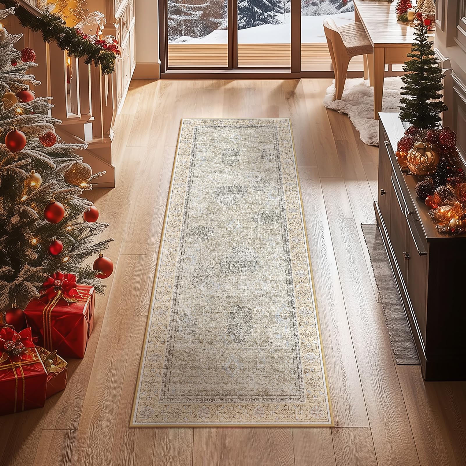 Ashler Runners for Hallways, 2x6 Runner Rugs, Ultra-Thin Boho Rug, Vintage Long Rugs for Entryway, Kitchen, Beige/Natural/Light Coffee Rug Home Decor, Low-Pile Non-Slip & Machine Washable Rugs