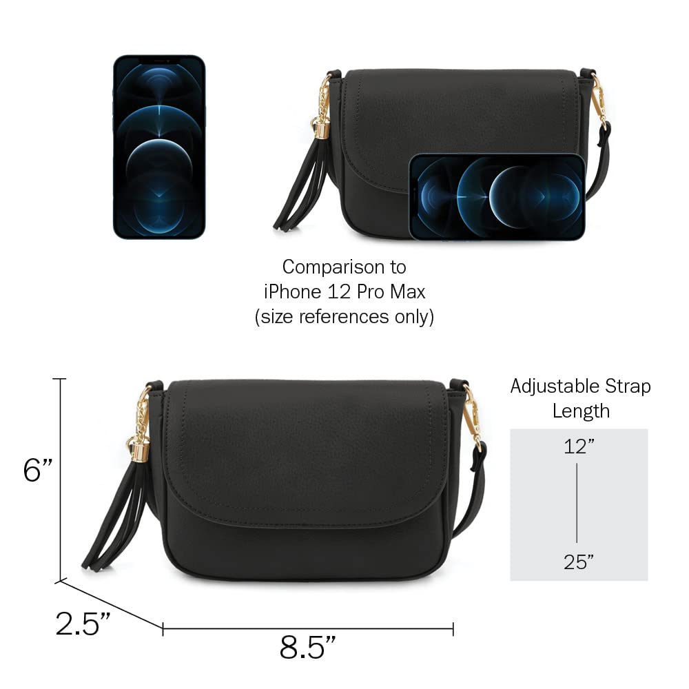 EVVE Small Crossbody Bag for Women Trendy Flap Saddle Purses with Tassel and Adjustable Shoulder Strap - Black