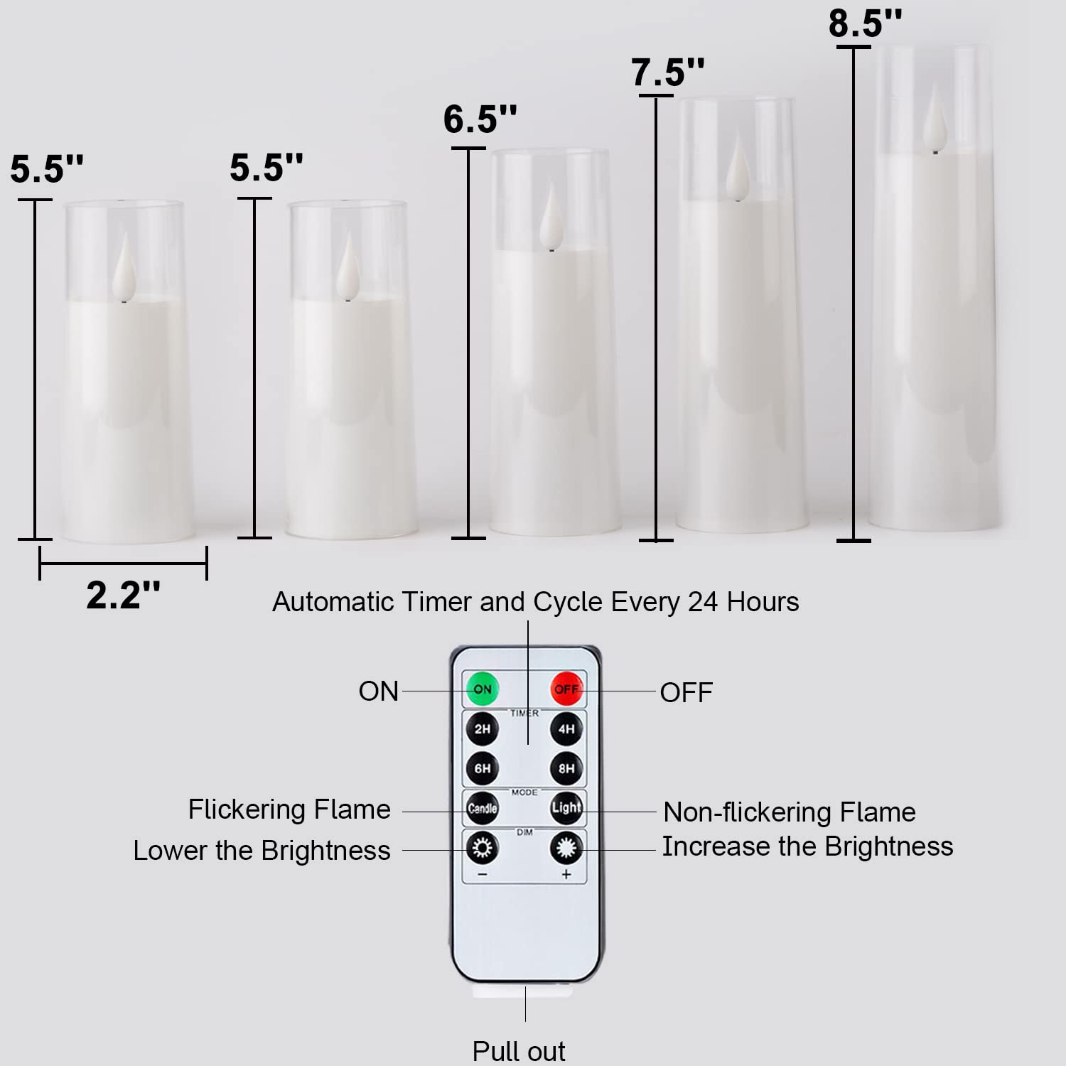 Amagic Pure White Flameless Candles, Battery Operated Candles, Flickering LED Pillar Candles with Remote Control and Timer, 3D Wick, Yellow and Blue Glow, Set of 5