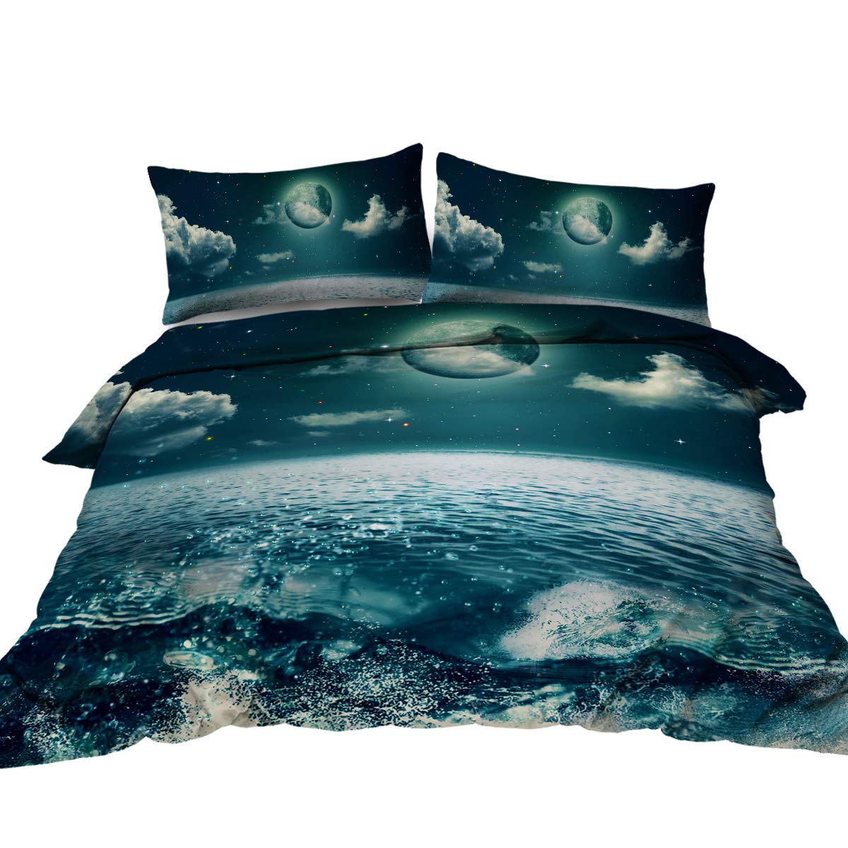 BlessLiving Modern Ocean Teal Waves Bedding 3D Moon Coastal Blue Duvet Cover Queen Size 3 Piece Watercolor Beach Bed Set Super Soft Breathable and Comfortable