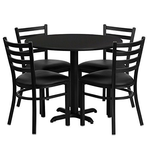 Flash Furniture Carlton 36'' Round Black Laminate Table Set with X-Base and 4 Ladder Back Metal Chairs - Black Vinyl Seat
