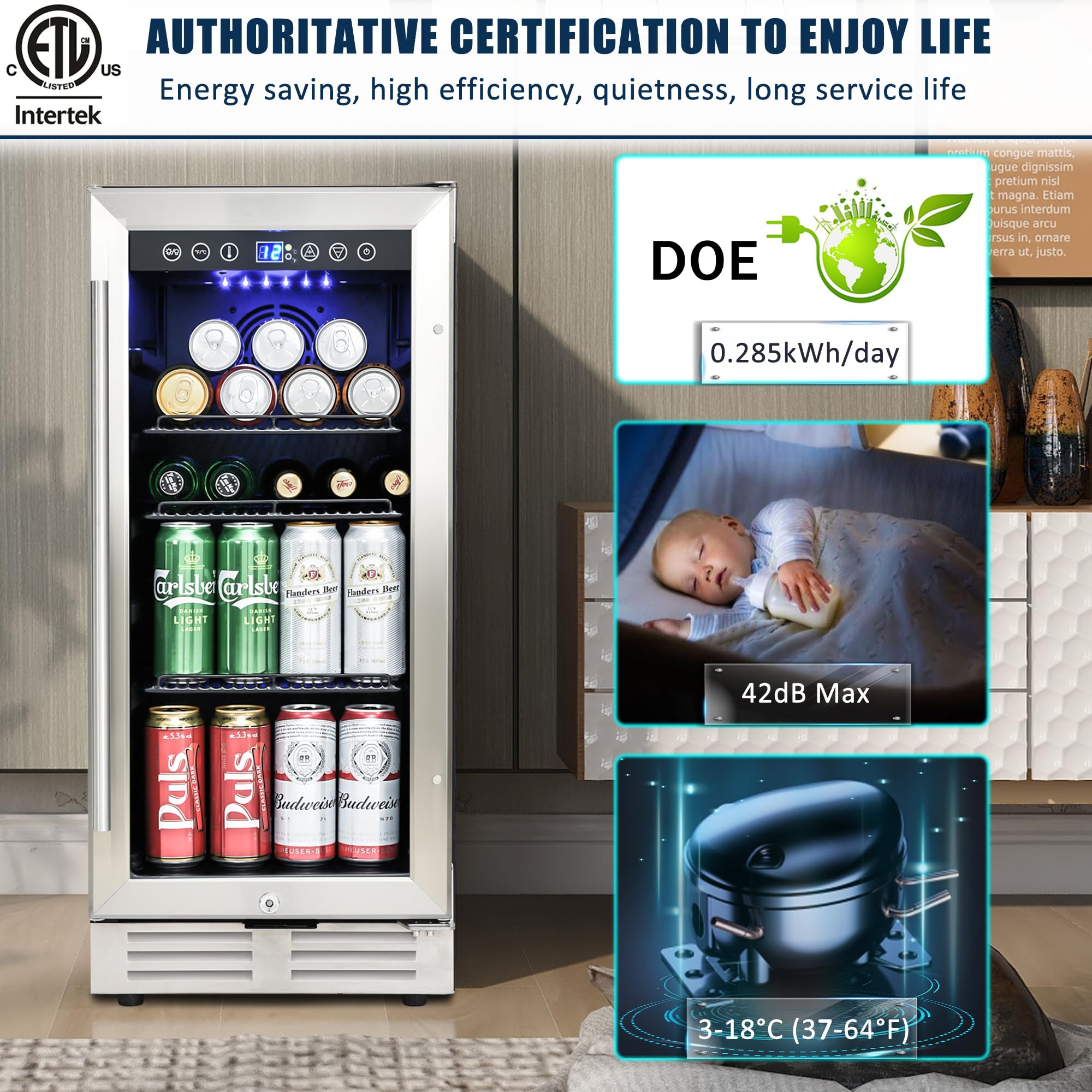LUMISOL Mini Beverage Refrigerator and Cooler, 15" Cooler Under Counter Built-in or Freestanding, 120 Cans Capacity Wine Cabinet with Blue Interior Light Adjustable Shelves, for Home Bar office
