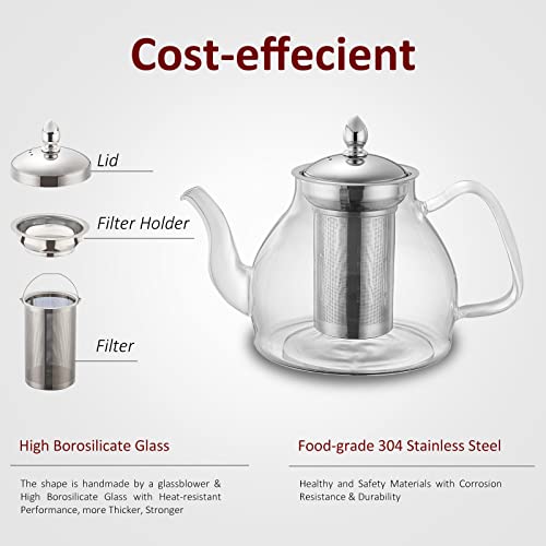 Glass Teapot, 40oz/1200mL Glass Kettle with Removable Stainless Steel Infuser for Blooming Tea & Loose Leaf Tea, Gooseneck Tea Pot, Microwave & Stovetop Safe, Gift Box for Tea Maker