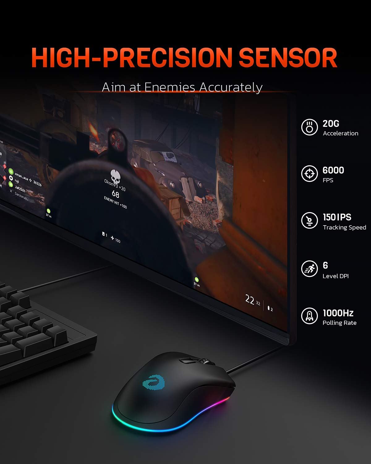 DAREU Wired Gaming Mouse, 6400DPI,6 Programmable Buttons, Ergonomic RGB Gaming Mouse with 16.8 Million Chroma 7 Backlit for PC, Laptop, and Notebook