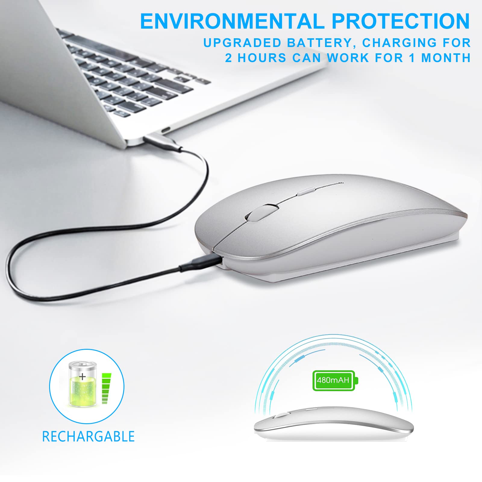AE WISH ANEWISH Wireless Mouse Dual Mode(Bluetooth 4.0+USB) Rechargable Quiet Mice with USB Receiver Slim Bluetooth Mouse for Laptop/iPad/iPhone/Mac/Android PC,Silver