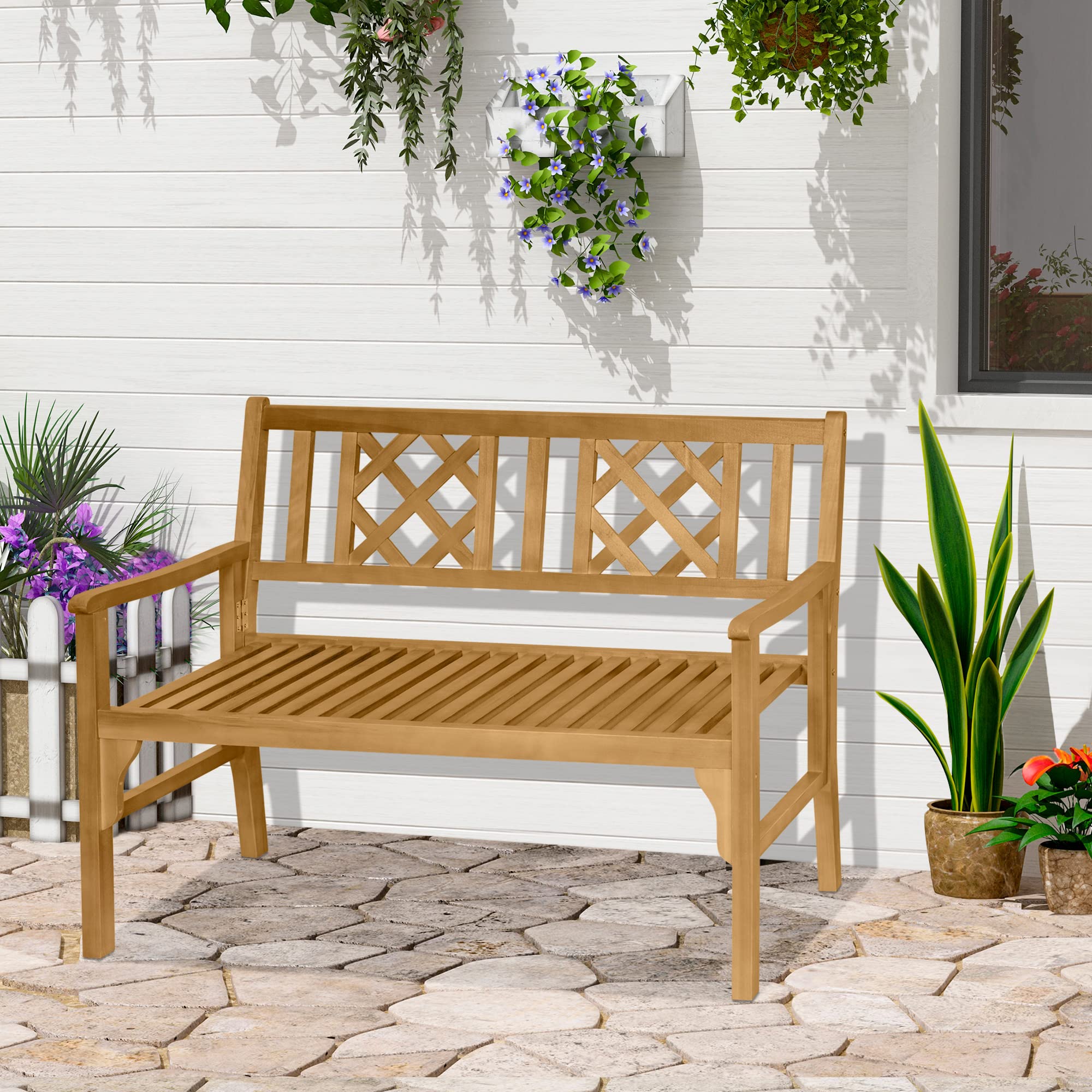 Outsunny 4FT Wooden Outdoor Garden Bench for 2, Portable Folding Loveseat 2-Seater Chair with Backrest, Armrests and Slat Seat, Natural