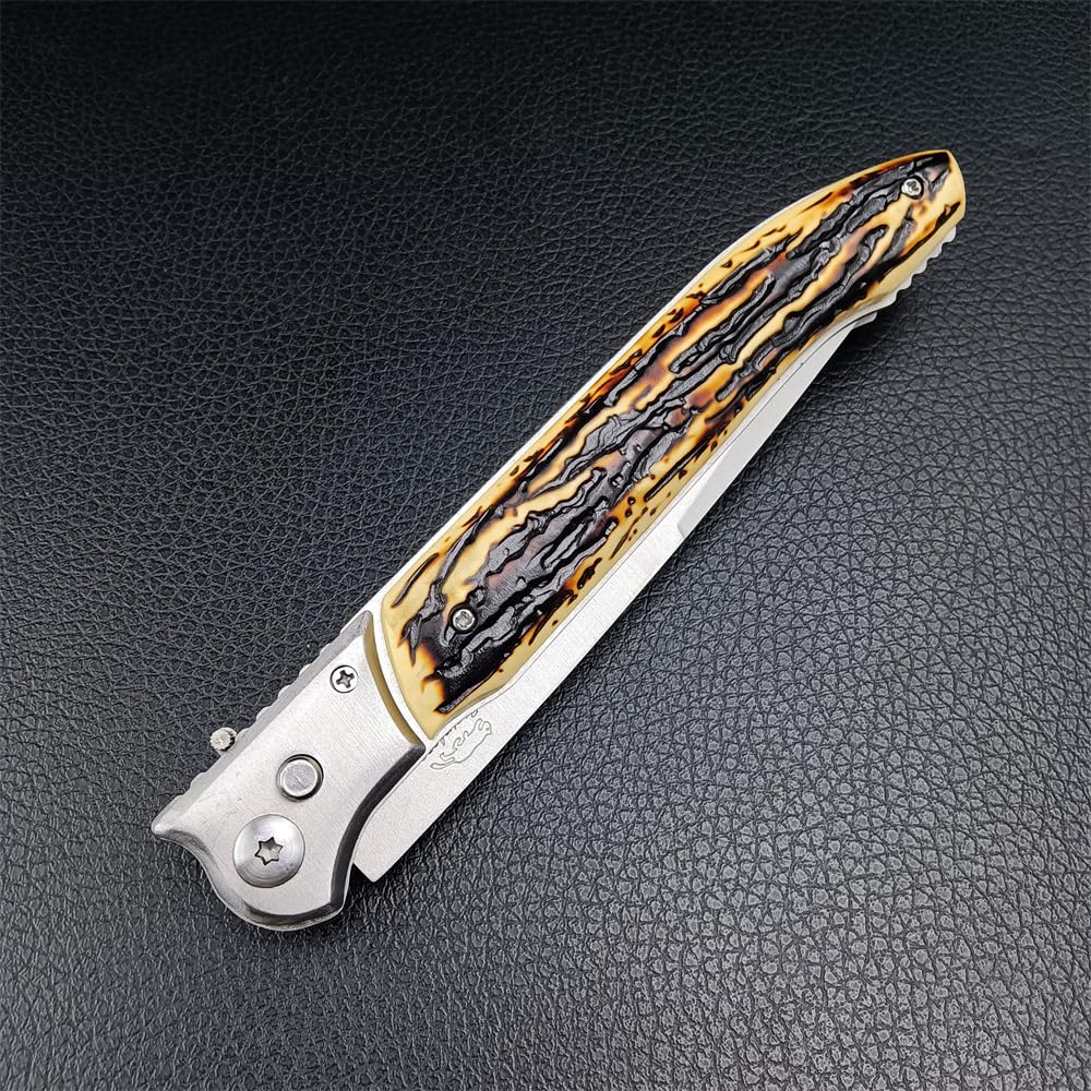 Generic EDC Push Button Lock 12"" Pocket Knife with Slide Safety Lock,Assisted Opening Folding Knives,Stainless Steel Blade and Wooden Pattern Handle,Combat Knife for Camping Hunting