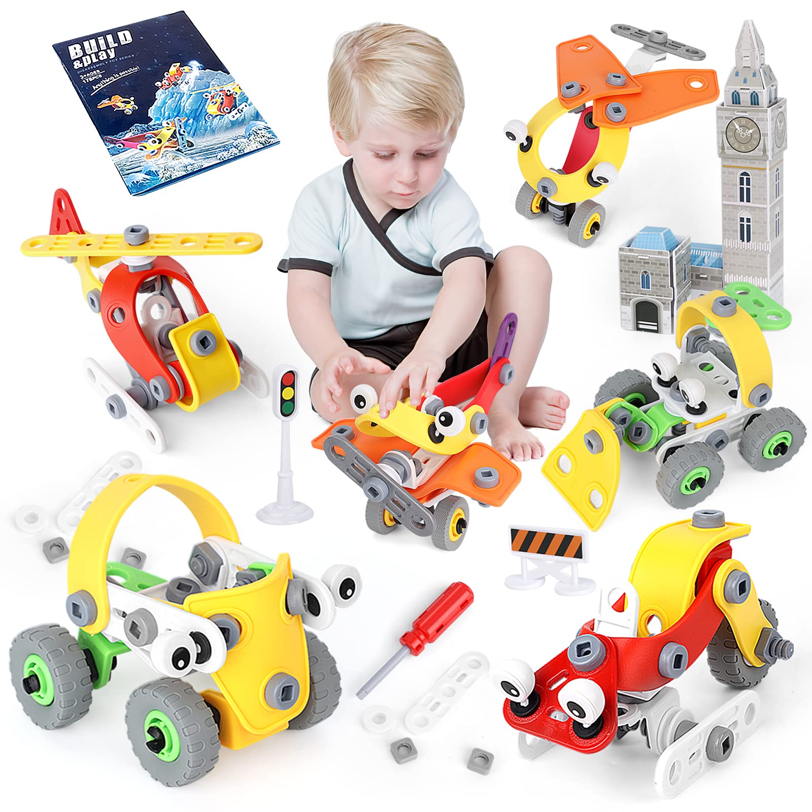 Abellzos STEM Building Toys, Erector Sets for Kids Ages 4-8, 178 Pieces Engineering Construction Kit with Tools, Creative Activity Birthday Gift for Boys Girls