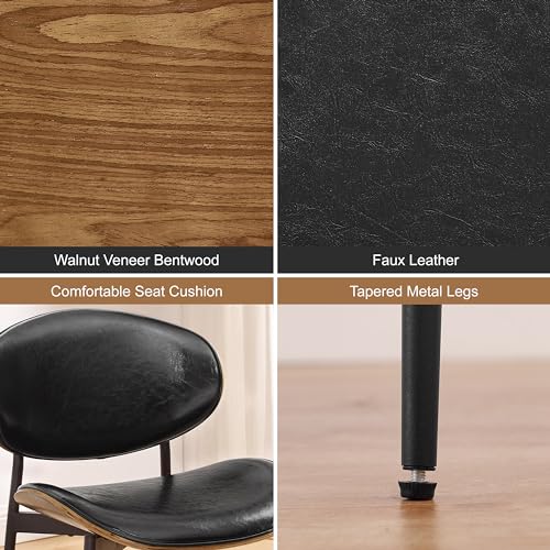 Art Leon Modern Faux Leather Dining Chairs, Mid Century Desk Chair No Wheels, Armless Accent Chair with Black Metal Legs, Set of 2, Black/Walnut