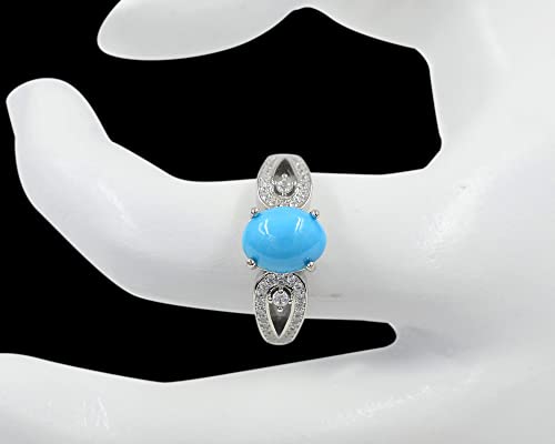 9X7 MM Oval Cut Natural Sleeping Beauty Turquoise Gemstone 925 Sterling Silver December Birthstone Solitaire Unisex Proposal Ring For Wedding Gift (Rhodium Plated Silver, 8)