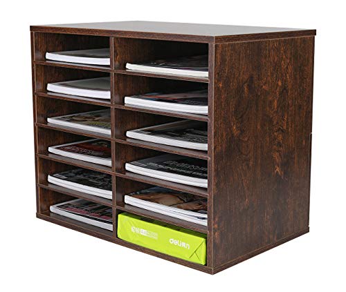 PAG Wood Desktop Literature Organizer Adjustable File Sorter Mail Center Magazine Holder Paper Storage Cabinet Classroom Keepers Mailbox for Office Home School, 12 Compartments, Brown