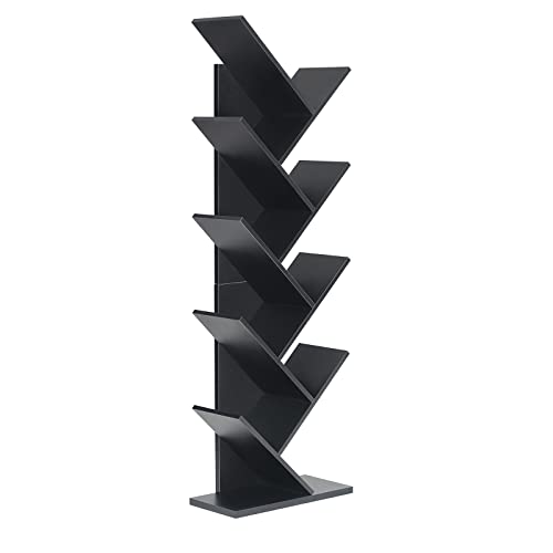 Aroktake Bookshelf, 9-Tier Black Tree Bookshelf, Anti-Tippling Wooden Bookshelves Storage Rack for Home Office, Living Room, Bedroom, Black