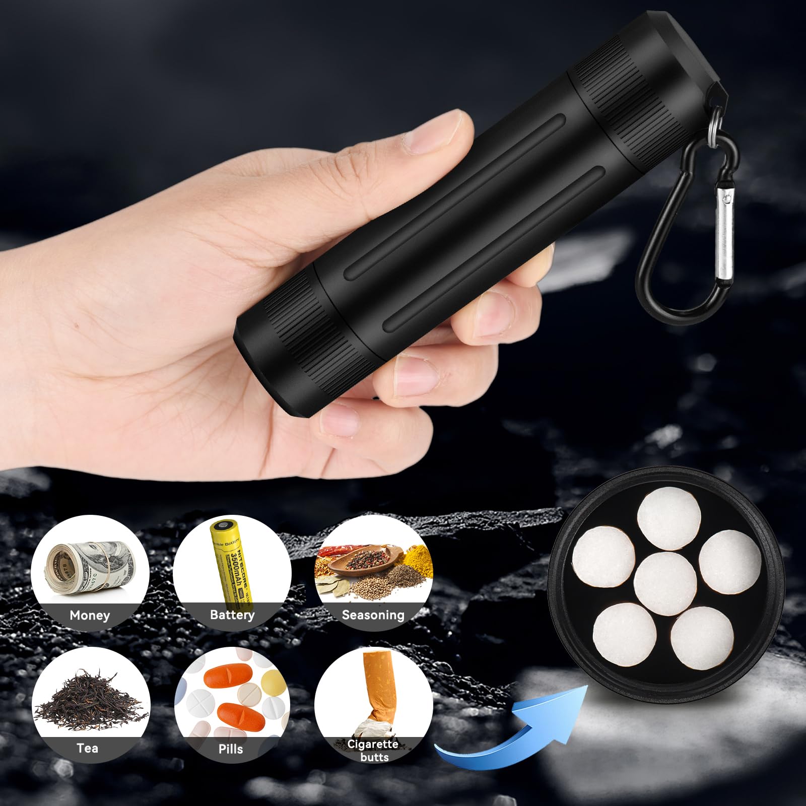 Aufew Airtight Smell Proof Container, Durable Stash Jar with Dual-Opening, Portable Sealed Metal Tube, Keychain Travel Ashtray for Herbs, Spices, Cigarettes - Black