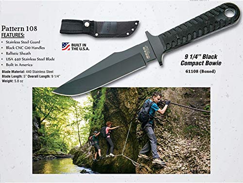 Bear Edge Compact Bowie, 5β 440 High Carbon Stainless Steel Blade, Lightweight Black G10 Handles, Ballistic Sheath Included (61108)