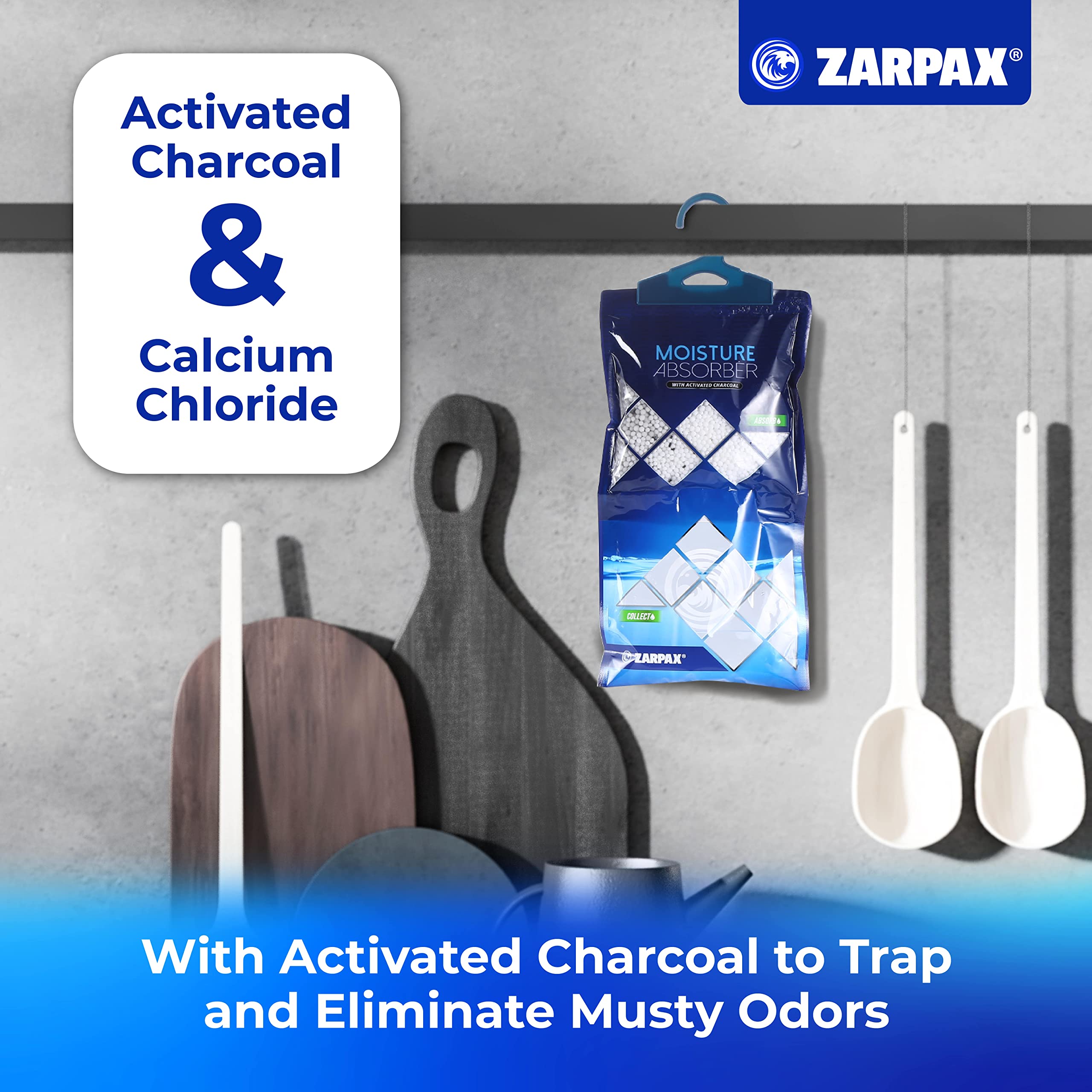 ZARPAX Hanging Moisture Absorber Activated Charcoal 10.6 oz/300g | Moisture Absorbing Bags for Bathroom, Closet & Kitchen | Removes Moisture, Humidity & Odors | Portable Dehumidifier | Set Of 20