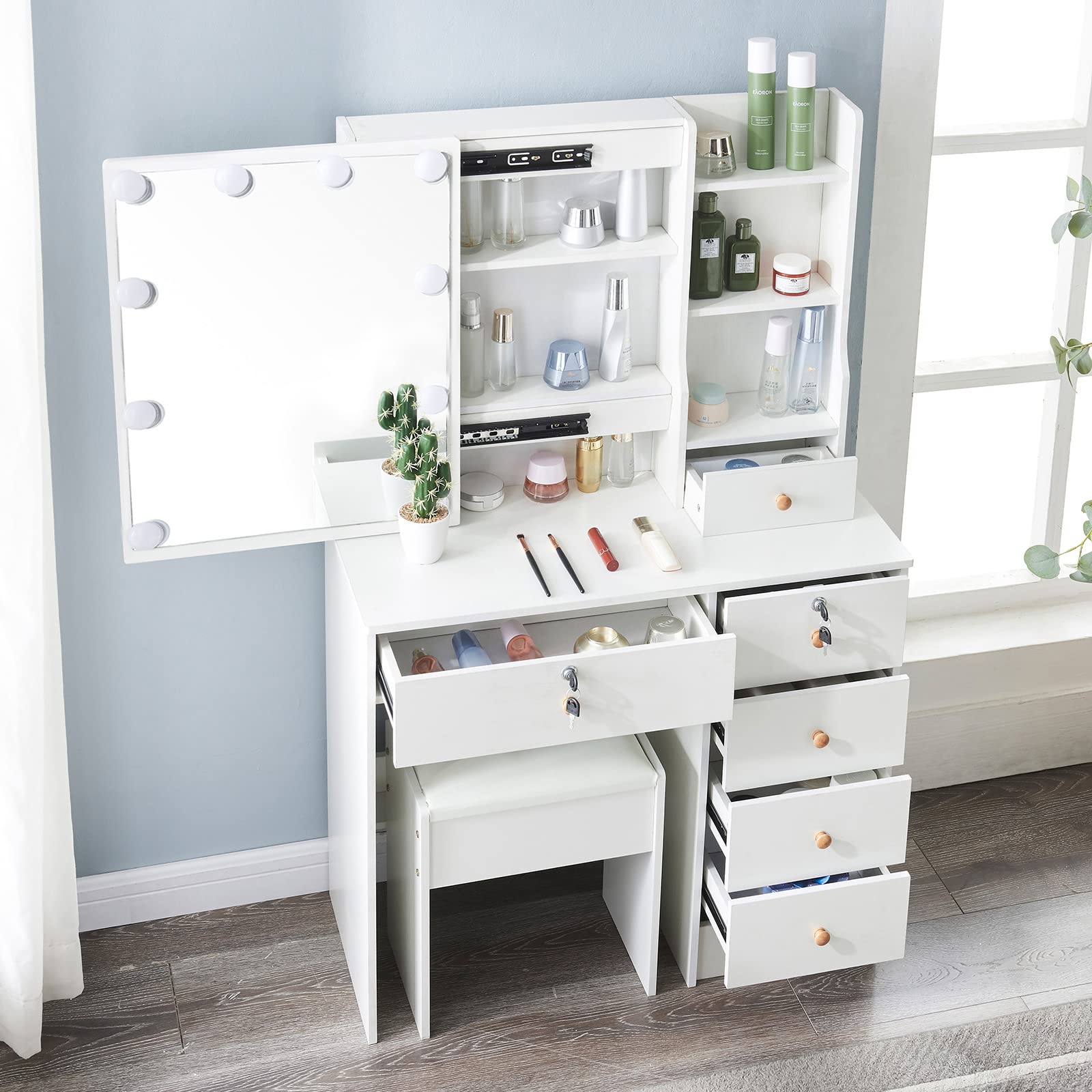 Abesthink Makeup Vanity,White Vanity with Mirror and Light Set Makeup Desk with Drawers and Mirror Lights Womens Vanity Dressing Table with Mirror and Stool for Bedroom