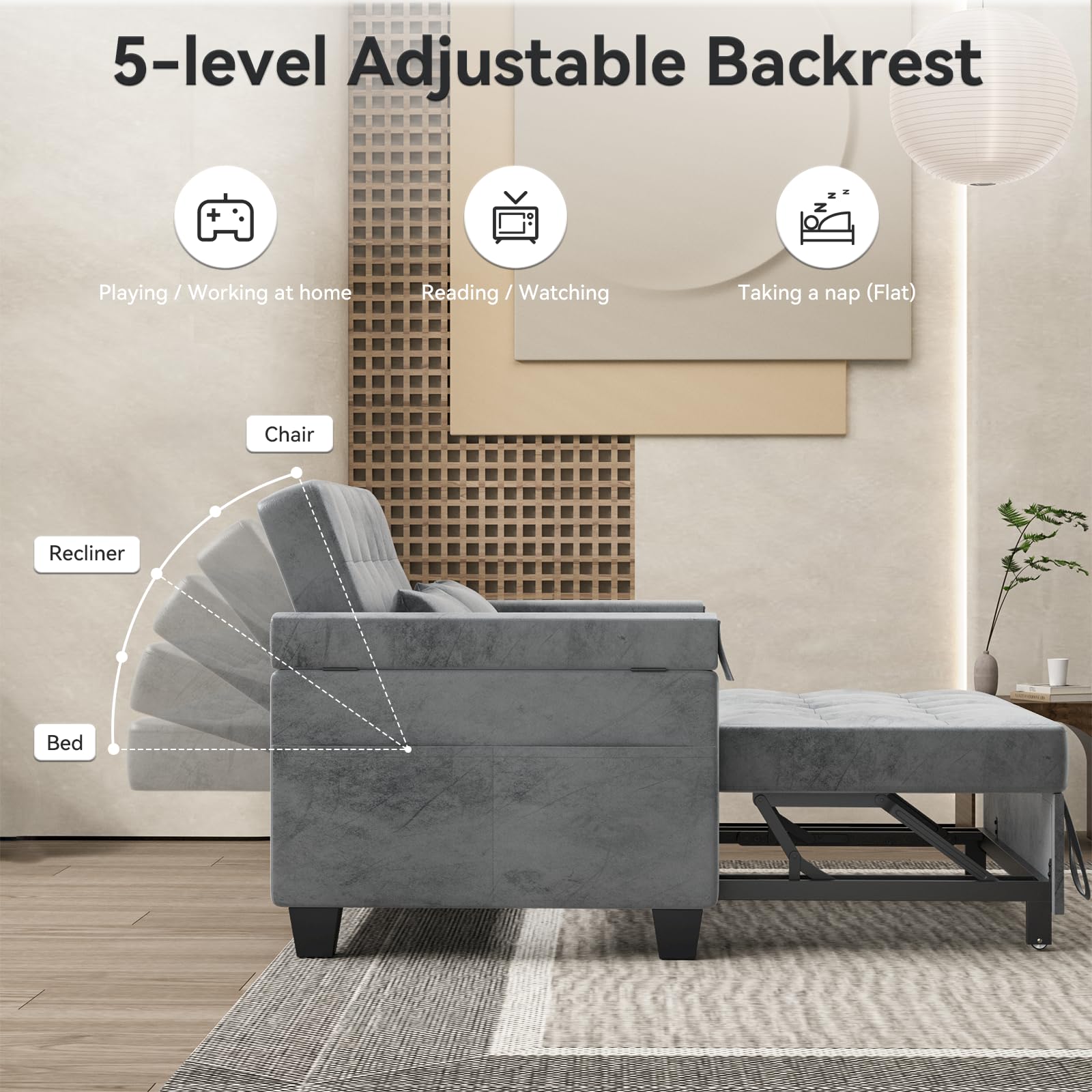 Buenhomino 3 in 1 Convertible Sofa Bed, Modern Futon Pull Out Sleeper Couch, 48'' Velvet Loveseat Chaise Lounge with Adjustable Backrest Pillows, Hidden Side Table for Living Room, Small Space Grey