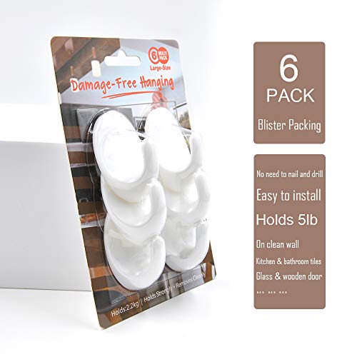 sunshine99 Adhesive Hooks,Damage-Free Hanging Wall Hook Large Utility Pothook Strong Waterproof Hanger for Robe, Coat, Towel, Keys, Bags, Home, Kitchen, Bathroom,Office (Large-Size)(6Pack White)