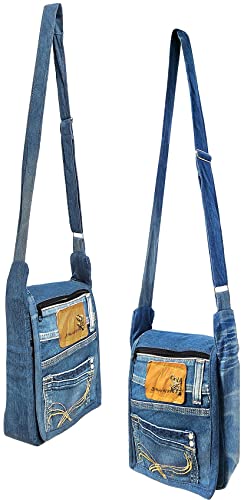 BDJ Upcycling Blue Denim Jeans Oblong Small Cross Body Shoulder Handbag Purse (Small Crossbody 5)