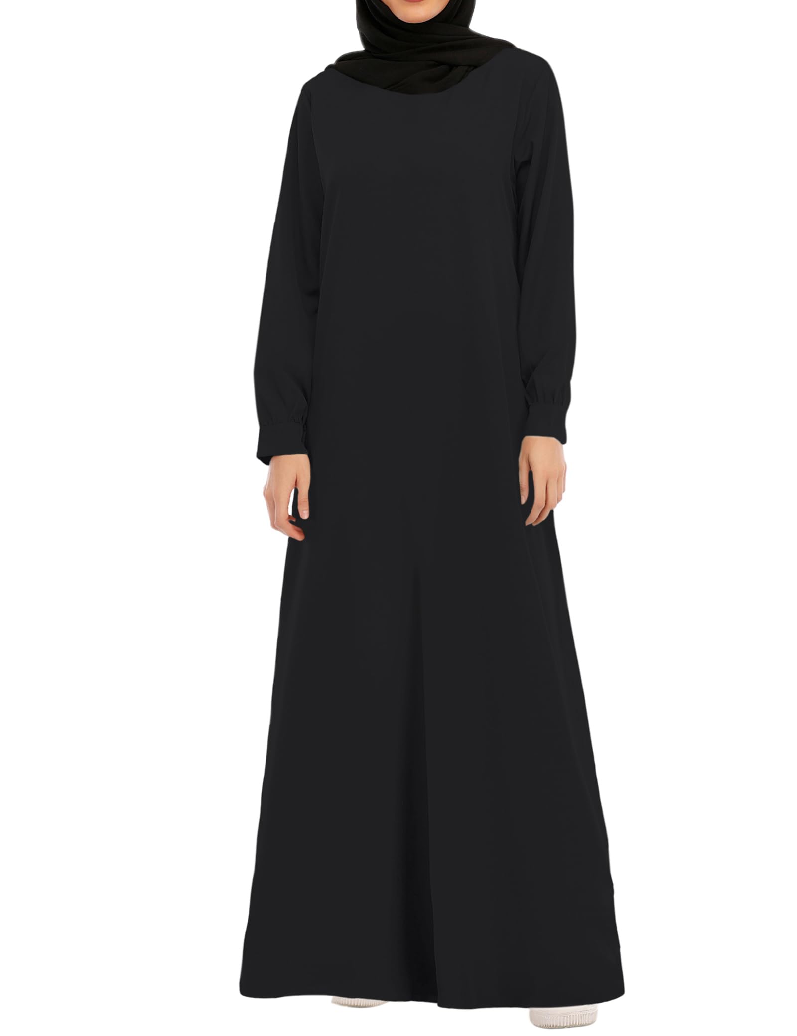 Abetteric Womens Abaya Long Sleeve Muslim Dress Prayer Clothes Casual Islamic Kaftan with Pocket Black Medium