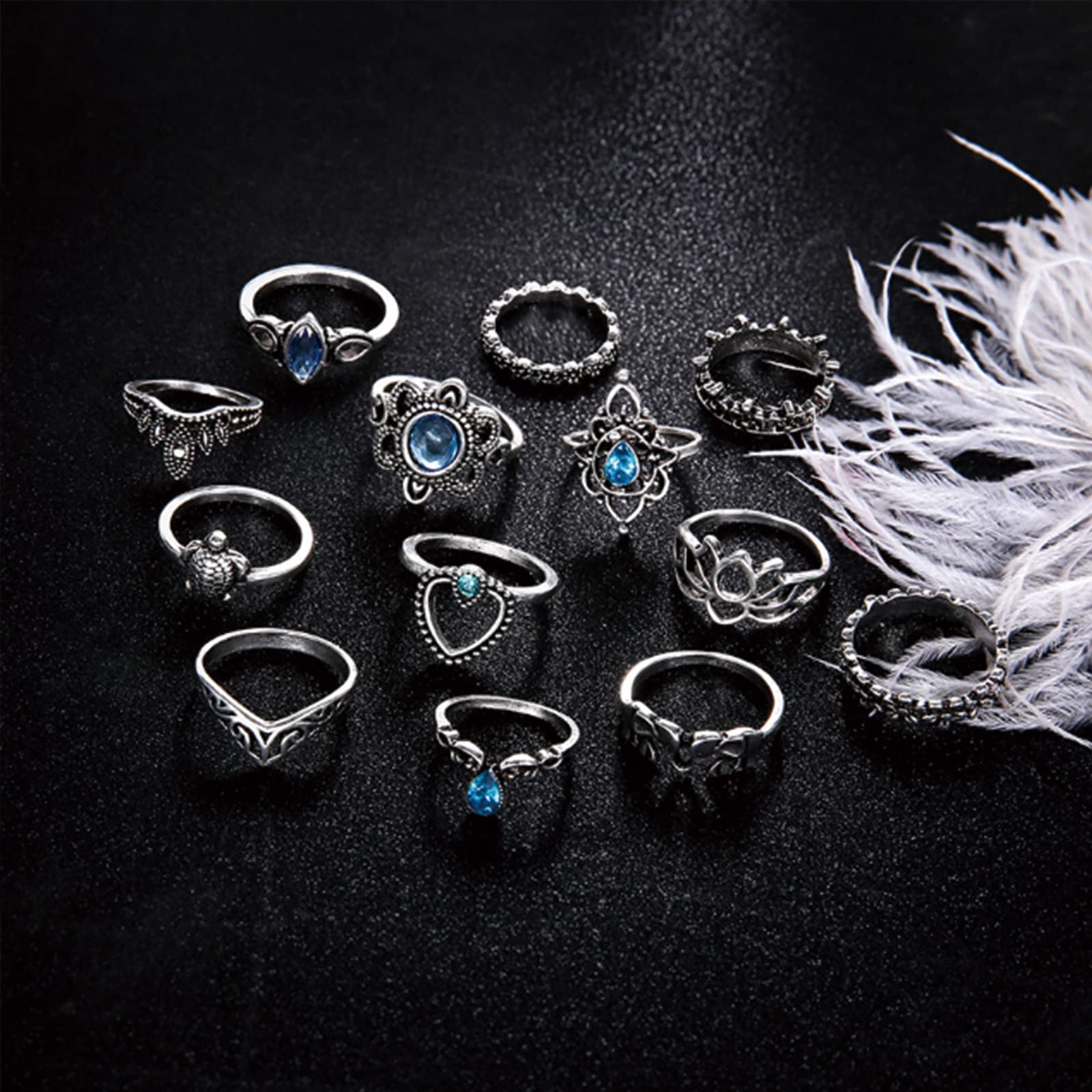 ABJFJE 13Pcs Vintage Silver Stackable Finger Rings Set Boho Midi Cool Gothic Punk Hollow Carved Flowers Turtle Heart Crystal Knuckle Rings Set for Women (13Pcs Silver ring)