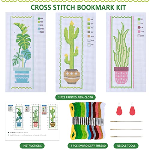 Caydo 3 PCS Cross Stitch Bookmark Kits, Stamped Embroidery Bookmark Kit for Kids Adults Beginner, DIY Counted Crossstitch Christmas Gift for Book Lovers(Green Plants)