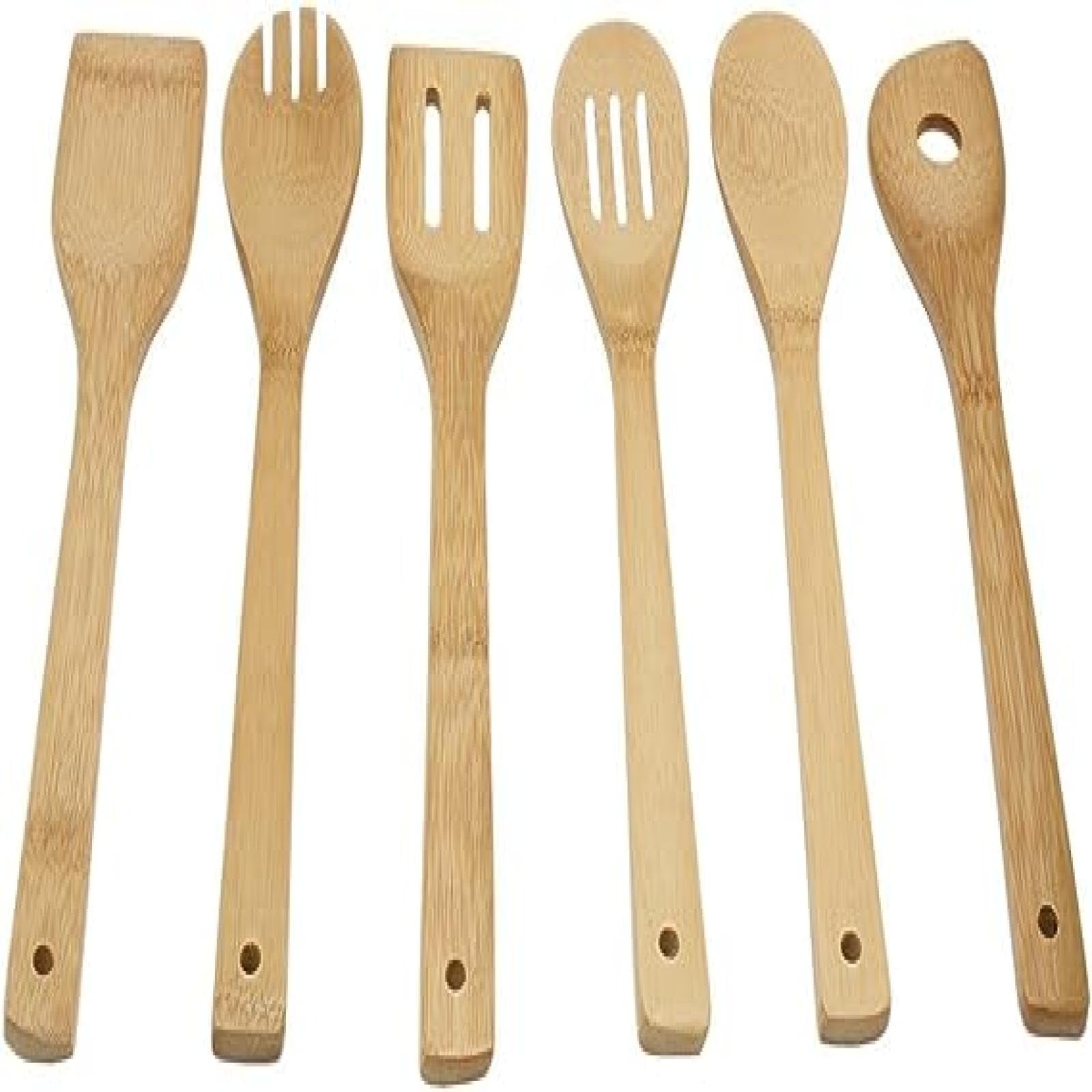 7 Pieces Bamboo Kitchen Utensils Set, Nonstick Pan, Stir-frying Spatula, Wooden Cutlery, Cooking Spoon, Hanging Knife, Round Fork