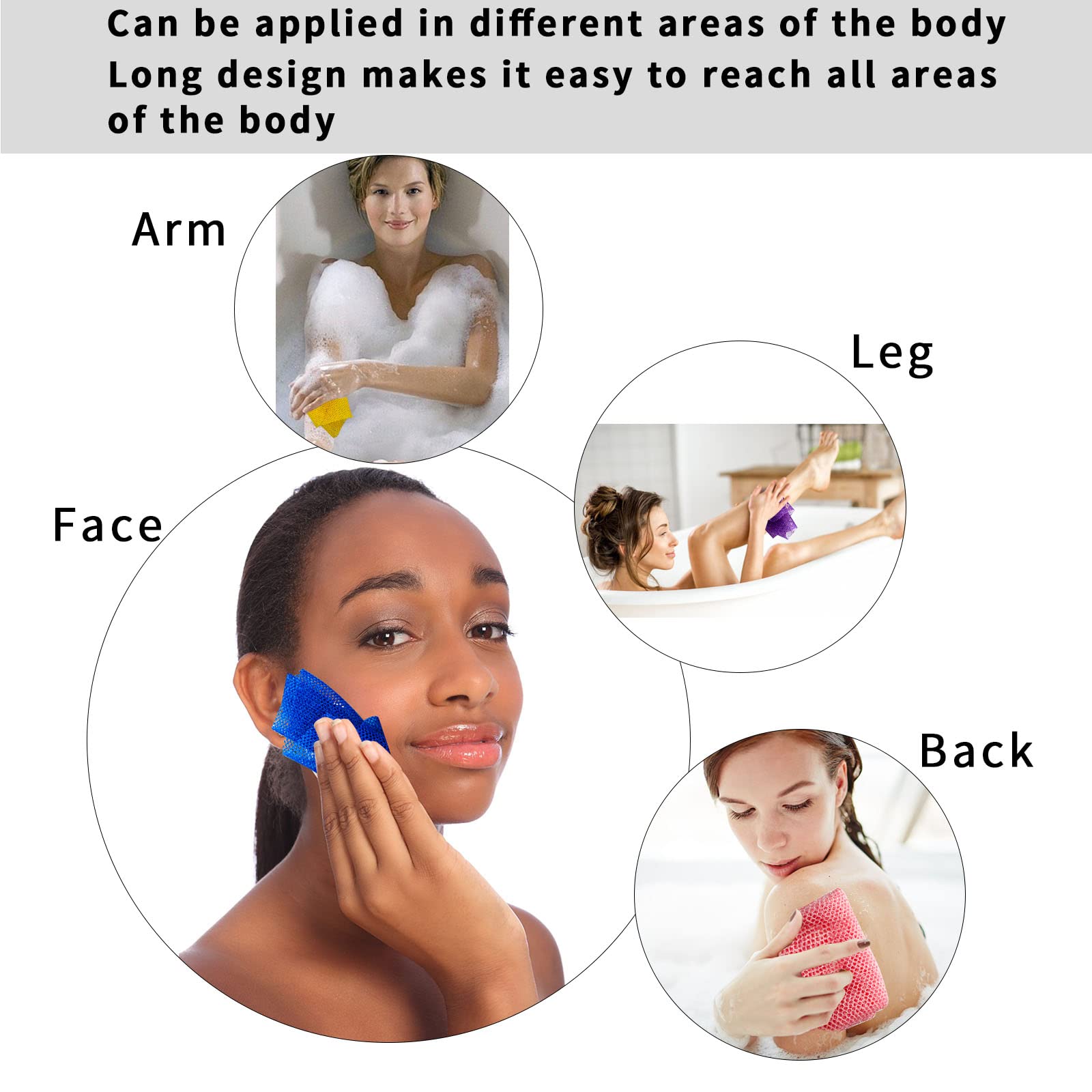 African Net Sponge 4PCS African Exfoliating Net Long Nylon African Sponge Exfoliating Net Bath Net for Daily Exfoliating Body Scrubber Back Scrubber Shower Skin Smoother (Blue,Purple,Yellow,Pink)