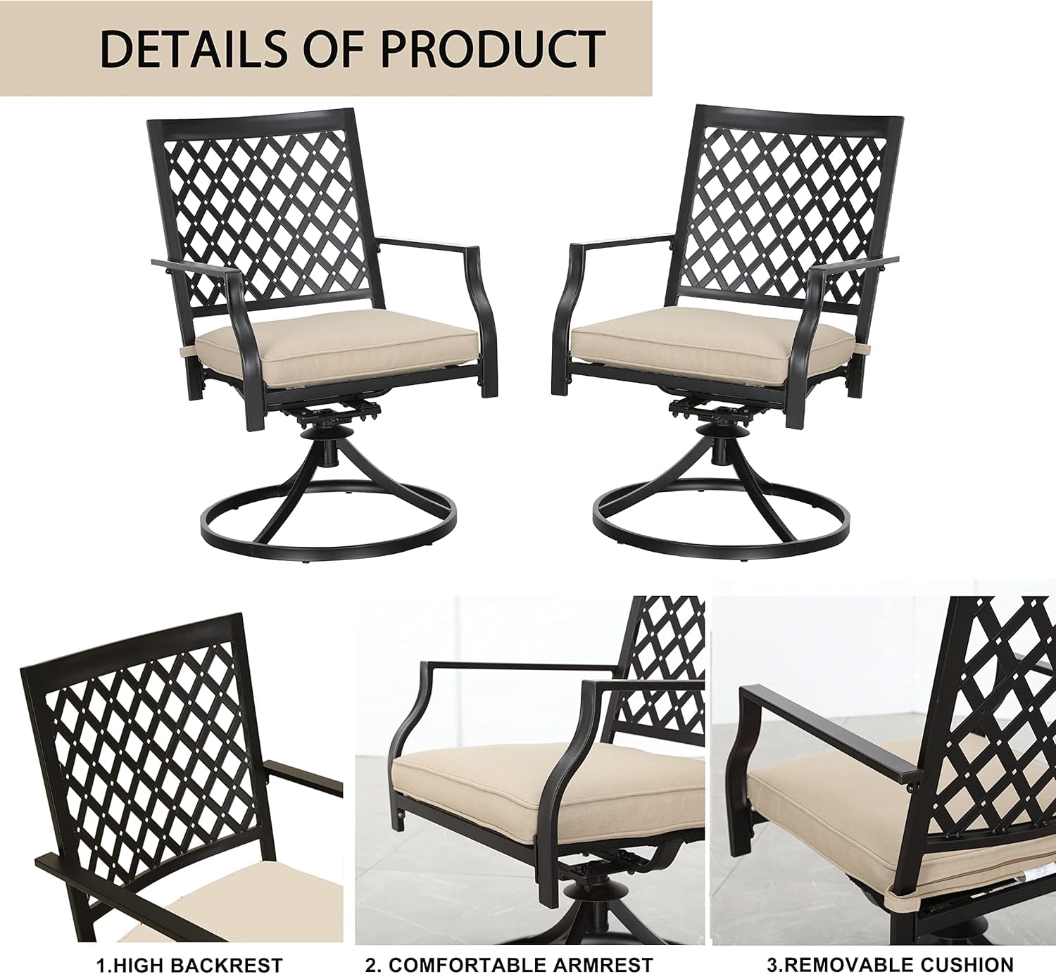 LOKATSE HOME Patio Swivel Set of 6 Dining Chair Metal Bistro Set with Cushion, 6Pcs, Beige