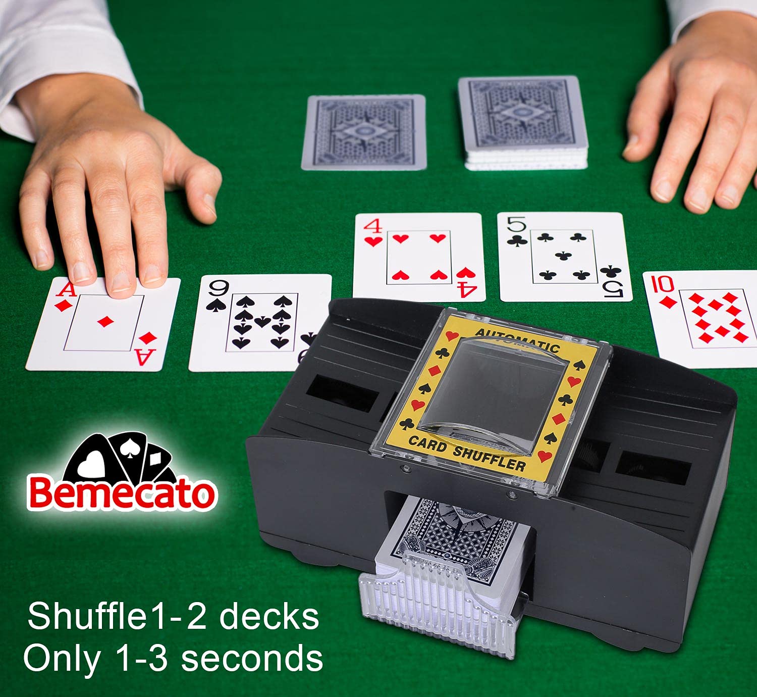 Bemecato Card Shuffler 1-2 Deck, Automatic Electric Playing Card Shuffler, Battery Operated Poker UNO Shuffling Machine, for Family Party Games