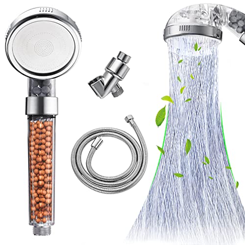 AmasSmile® High Pressure Shower Head with Hose and Bracket, Ionic Filter Filtration Turbo Vortex Water Saving 3 Mode Function Spray Turbocharged Hydro Jet Handheld Showerheads for Dry Skin & Hair(Red)