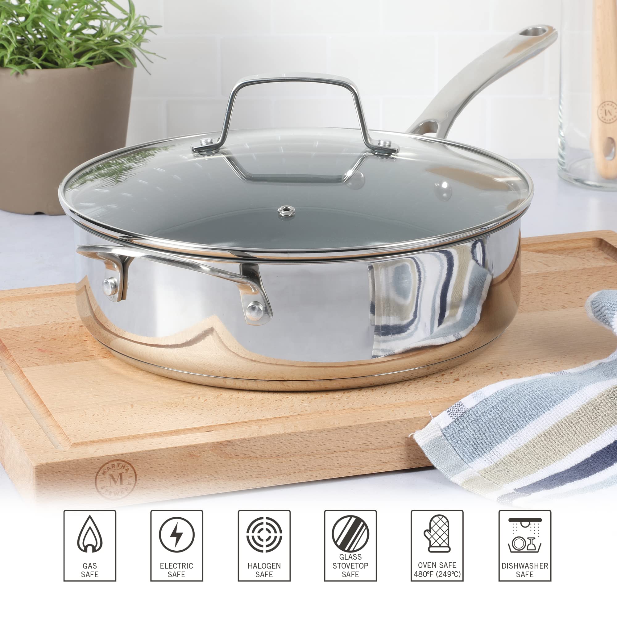 Martha Stewart Delaroux Stainless Steel 4-Quart PFAs Free Premium Ceramic Nonstick Saute Pan w/Tempered Glass Lid