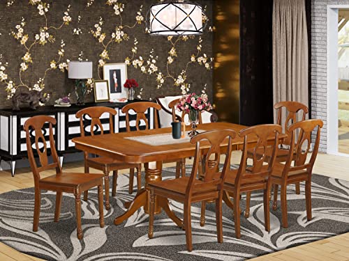 East West Furniture NANA9-SBR-W 9 Piece Kitchen Table & Chairs Set Includes a Rectangle Dining Room Table with Butterfly Leaf and 8 Solid Wood Seat Chairs, 40x78 Inch, Saddle Brown