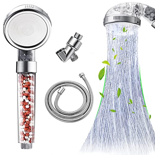 AmasSmile® High Pressure Shower Head with 59” Hose and Bracket, Ionic Filter Filtration Vortex Turbo Water Saving 3 Mode Function Spray Turbocharged Hydro Jet Handheld Showerheads for Dry Skin & Hair