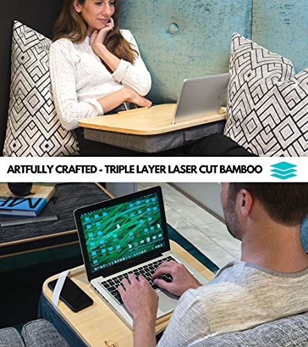 Hultzzzy Bamboo Lap Desk Tray Table for 17" Laptops for Adults with Ipad and Tablet Stand and Foam Pillow for Bed, Couch, and Recliner