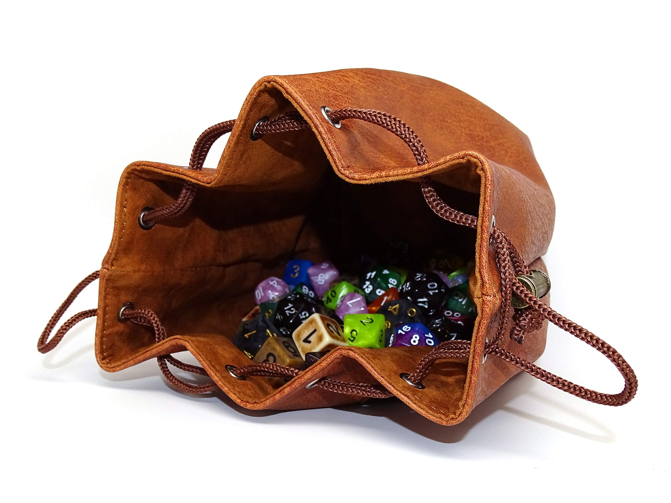 Brown Leather Lite Large Dice Bag with Wolf Design - Brown Faux Leather Exterior with Lined Interior - Stands Up on its Own and Holds 400 16mm Polyhedral Dice